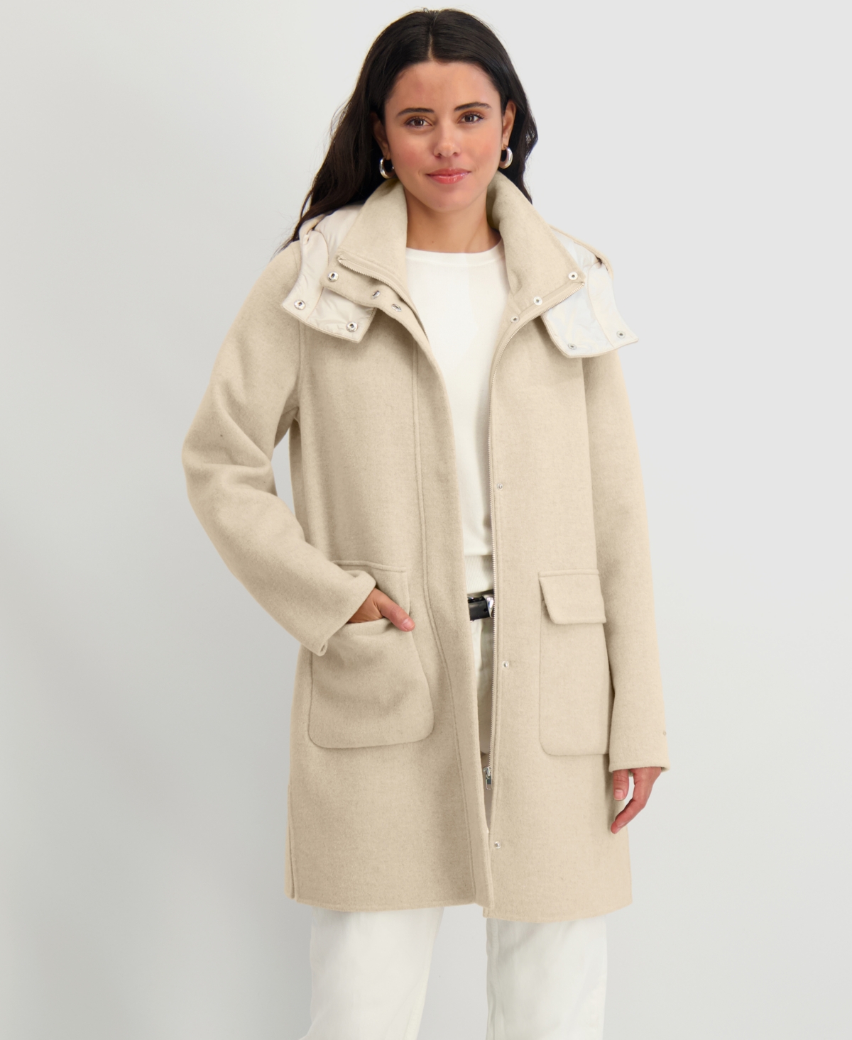 Click here for Tahari Womens Hooded Zip-Front Coat - Oatmeal Mela... prices