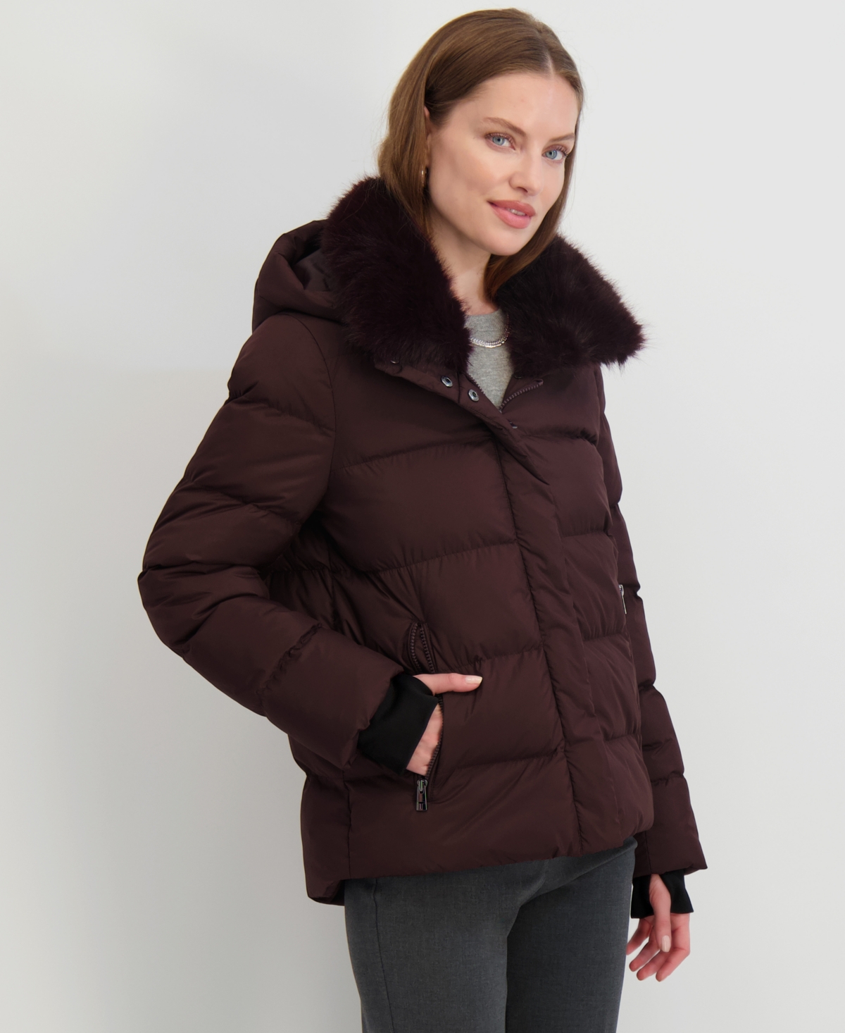 Tahari Womens Faux-Fur-Collar Hooded Puffer Coat - Merlot