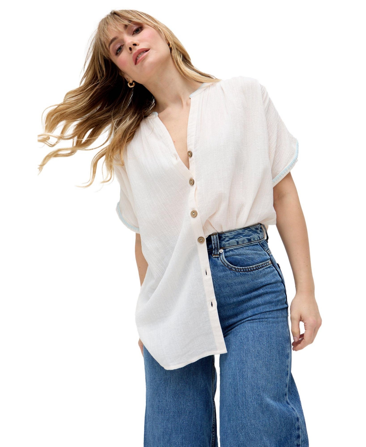 Click here for Raffya Womens Juneeta Crop Sleeve Button Down Shir... prices