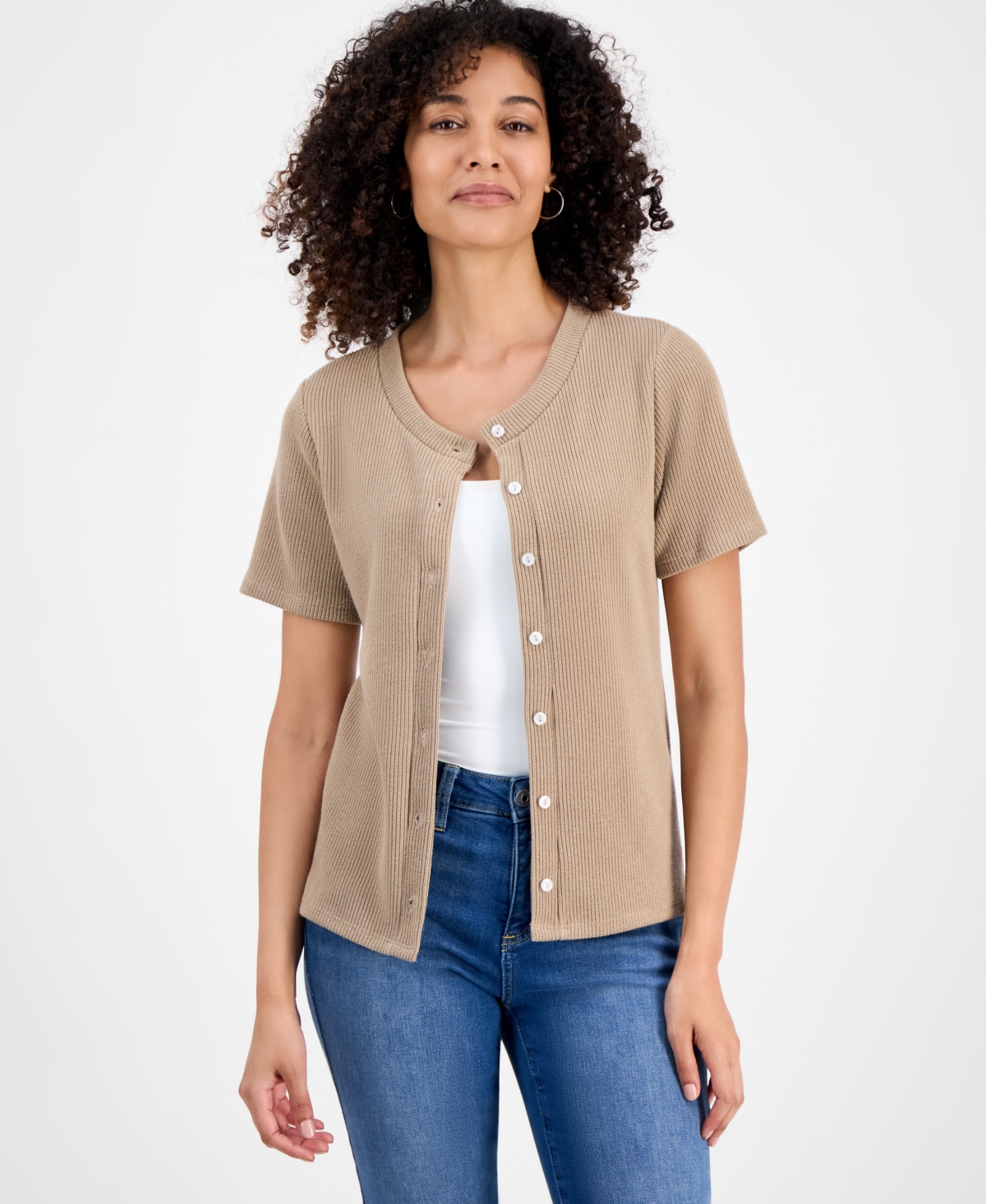 Click here for Style & Co Petite Short-Sleeve Crewneck Cardigan... prices