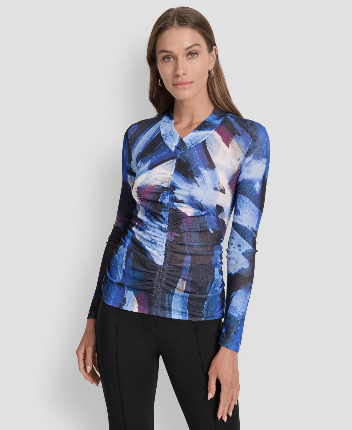 Click here for Dkny Womens Printed V-Neck Ruched Top - Classic Bl... prices