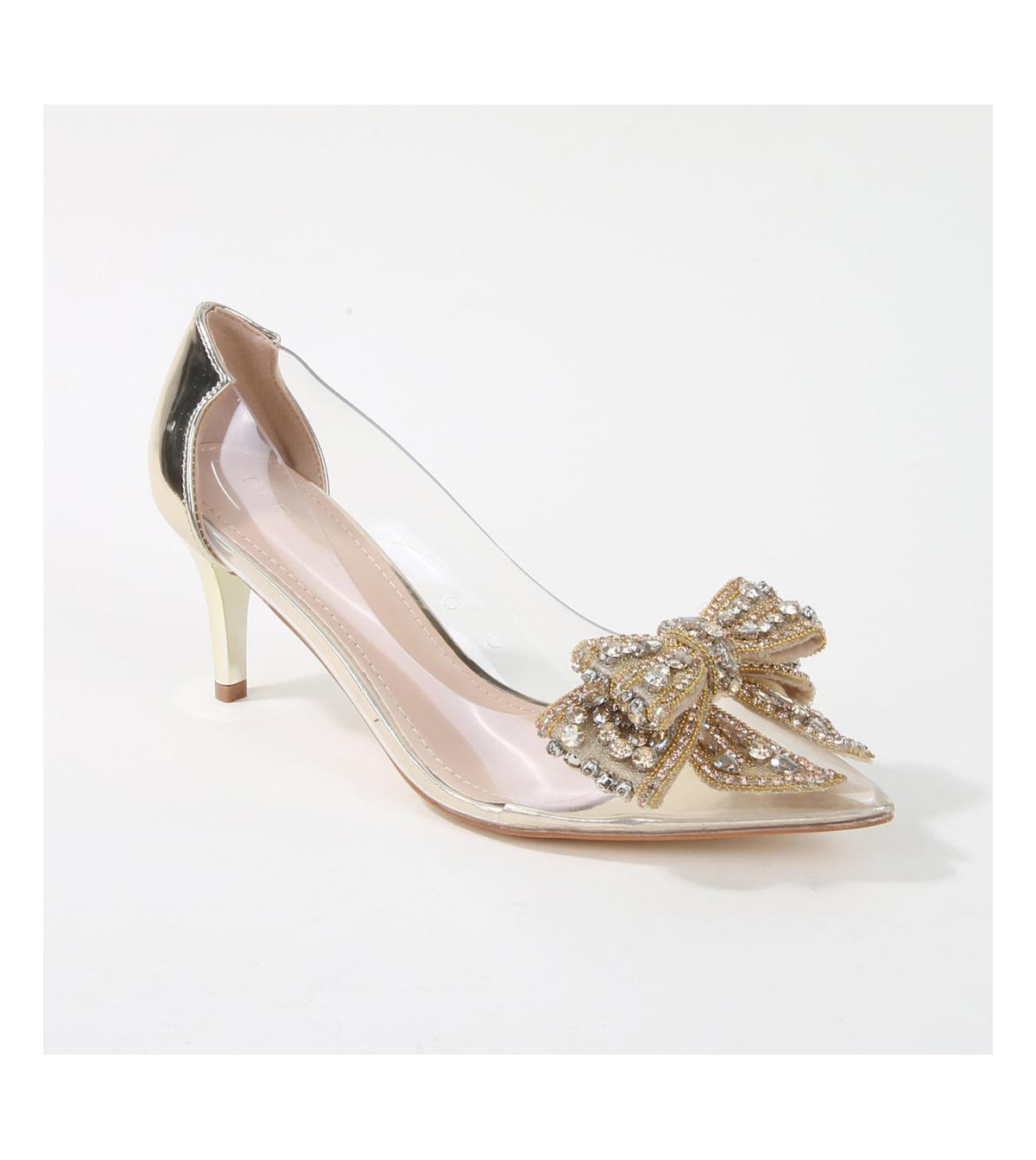 Click here for Nala Clear Vinyl Pump with Rhinestone Bow - Gold prices