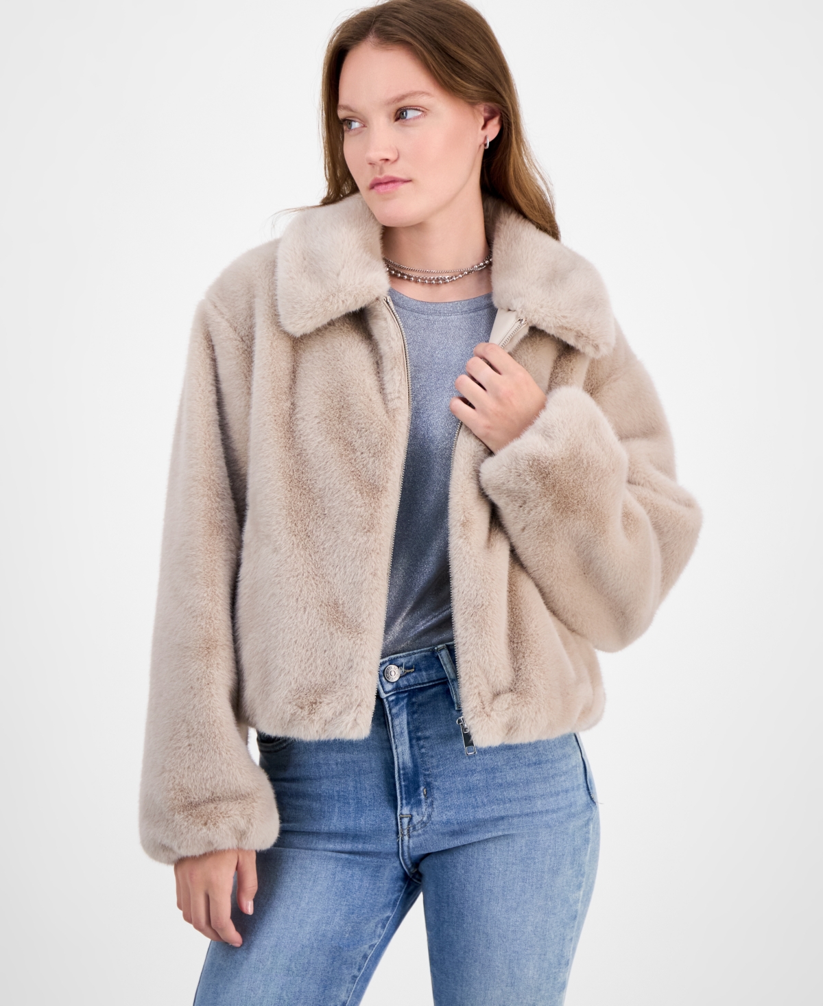 Click here for CeCe Petite Zip-Front Faux-Fur Bomber Jacket - Oat... prices