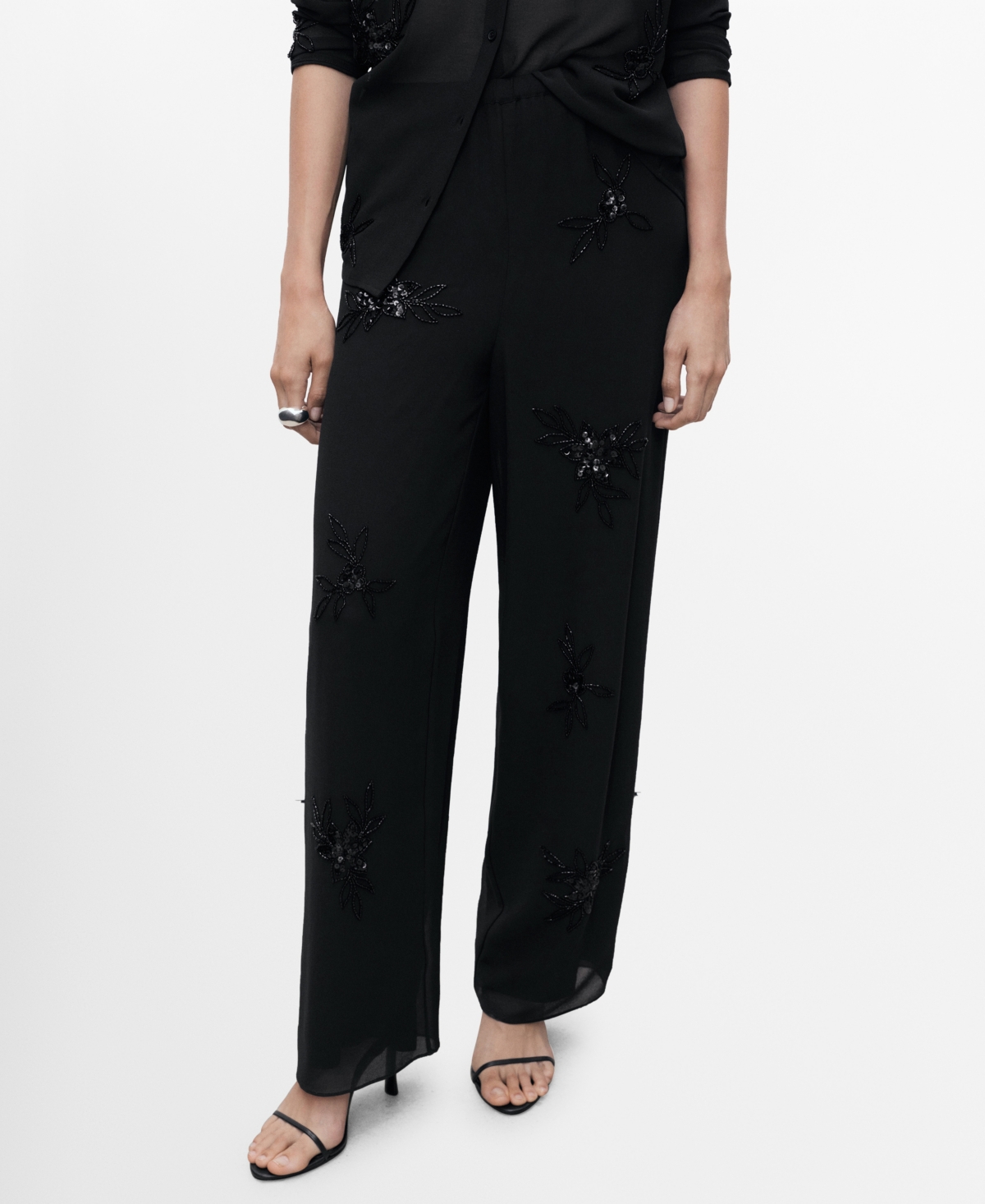 Click here for Mango Womens Rhinestone-Embroidered Pants - Black prices