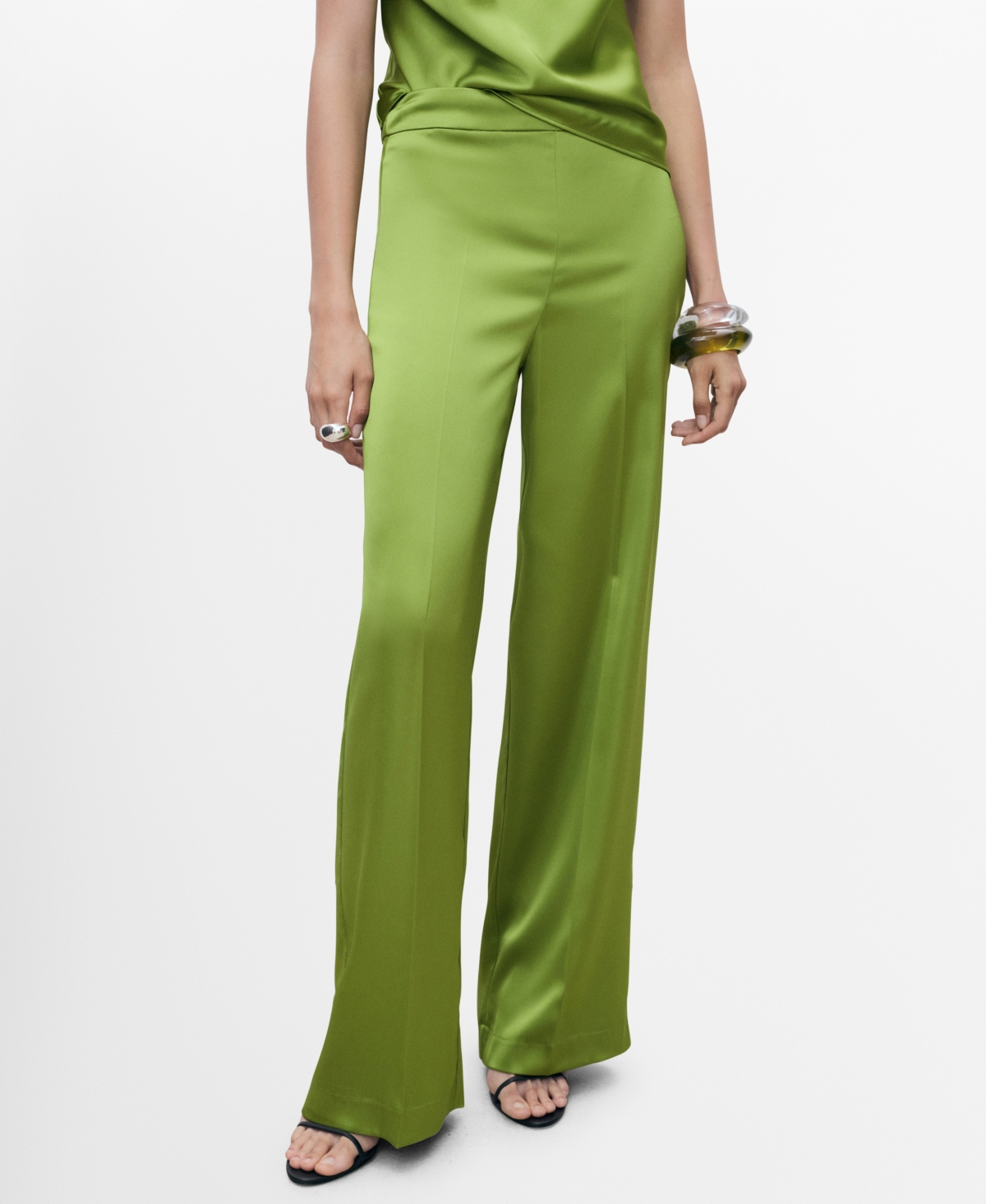 Click here for Mango Womens Satin Straight-Fit Pants - Green prices