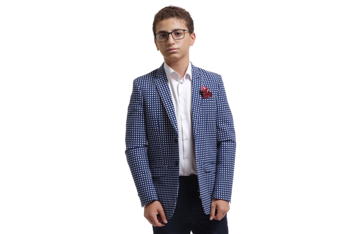 Click here for Elie Balleh Boys Navy Slim Fit Checked Blazer - Na... prices