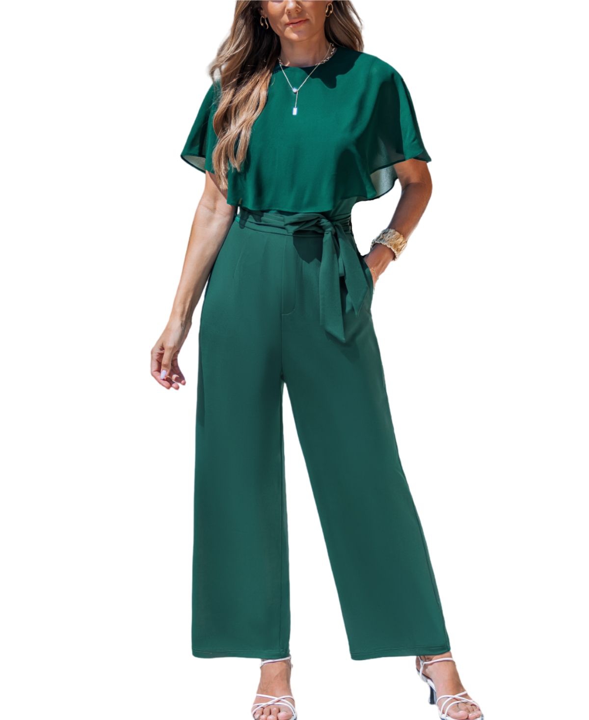 Cupshe Womens Sheer Overlay Wide Leg Jumpsuit - Dark green