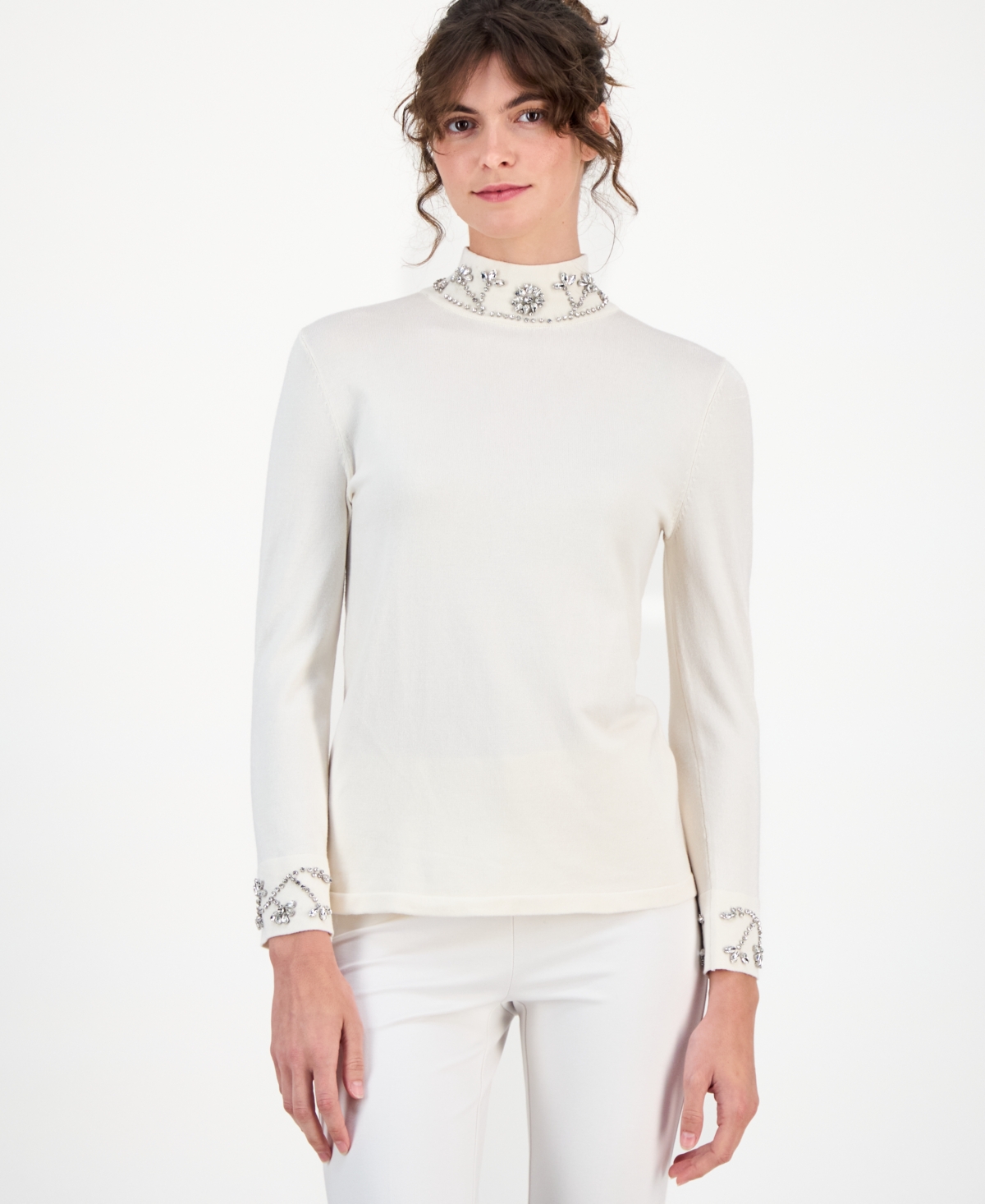 Click here for Anne Klein Petite Embellished Mock-Neck Sweater -... prices