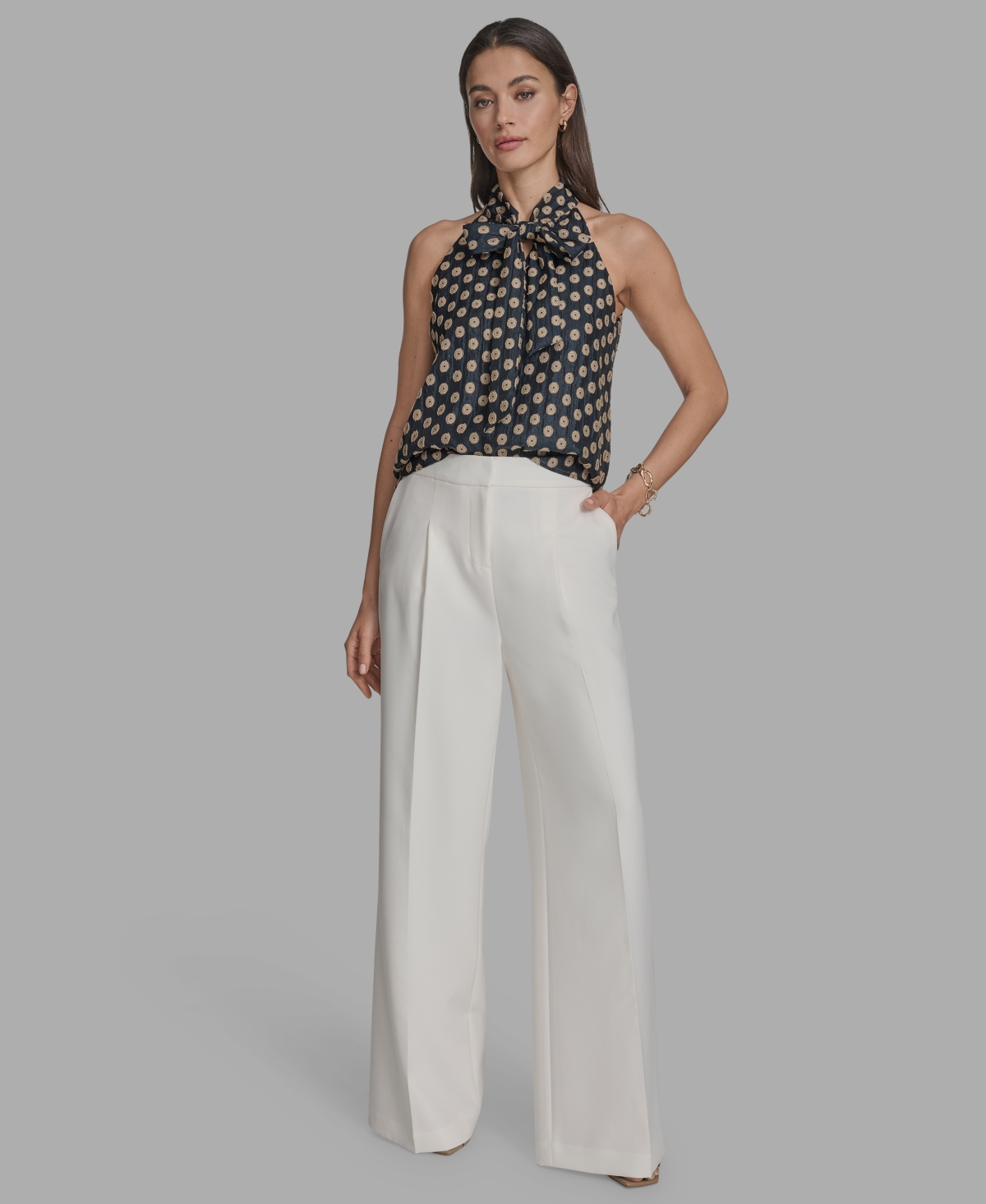 Click here for Bcbg Womens Printed Tie-Neck Sleeveless Blouse - D... prices