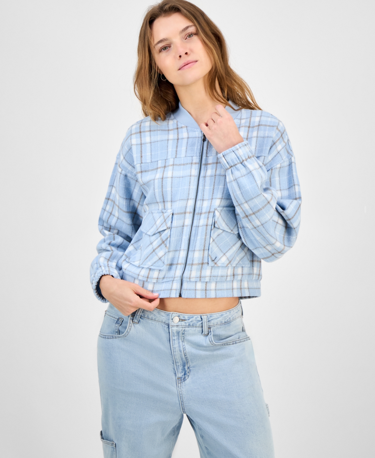 Click here for Madden Girl Juniors Plaid-Print Bomber Jacket - Ba... prices