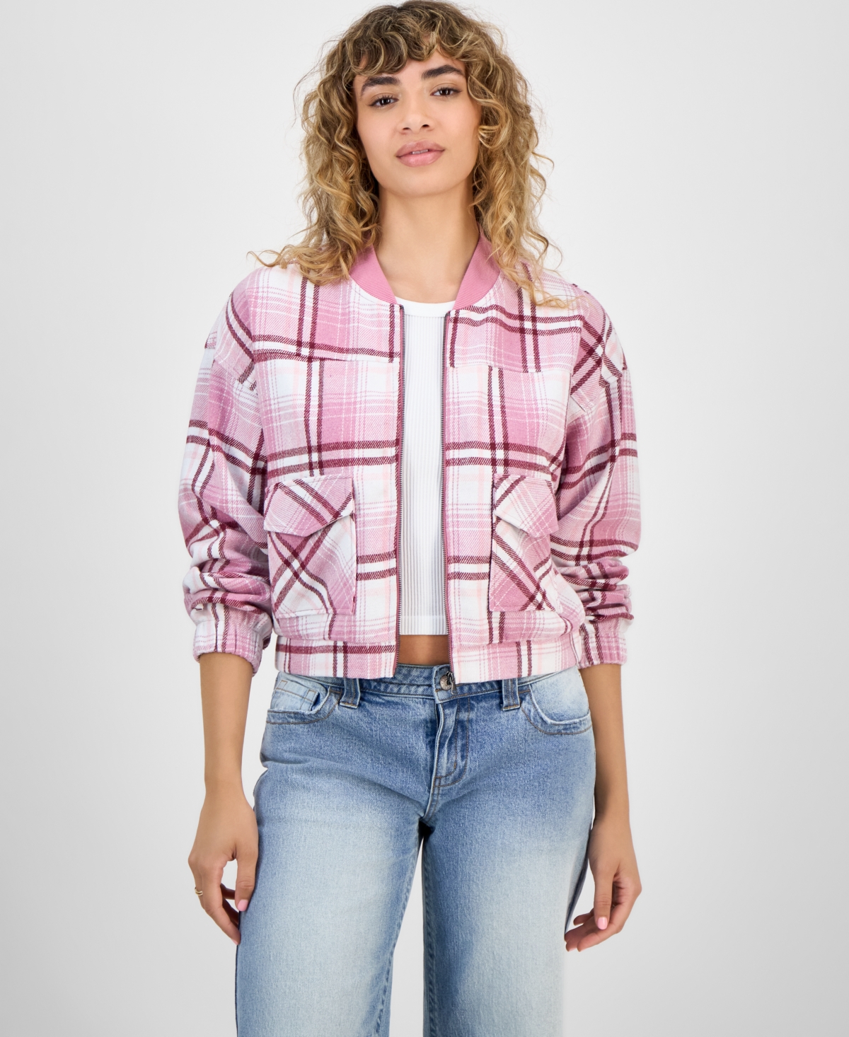 Click here for Madden Girl Juniors Plaid-Print Bomber Jacket - Ba... prices