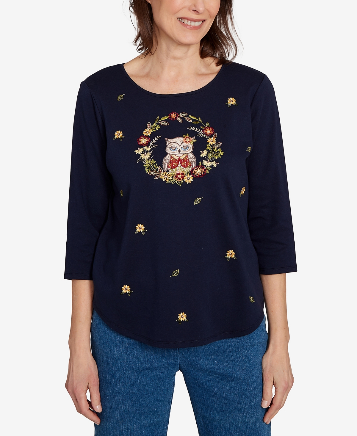 Click here for Alfred Dunner Petite Embroidered Top - Navy prices