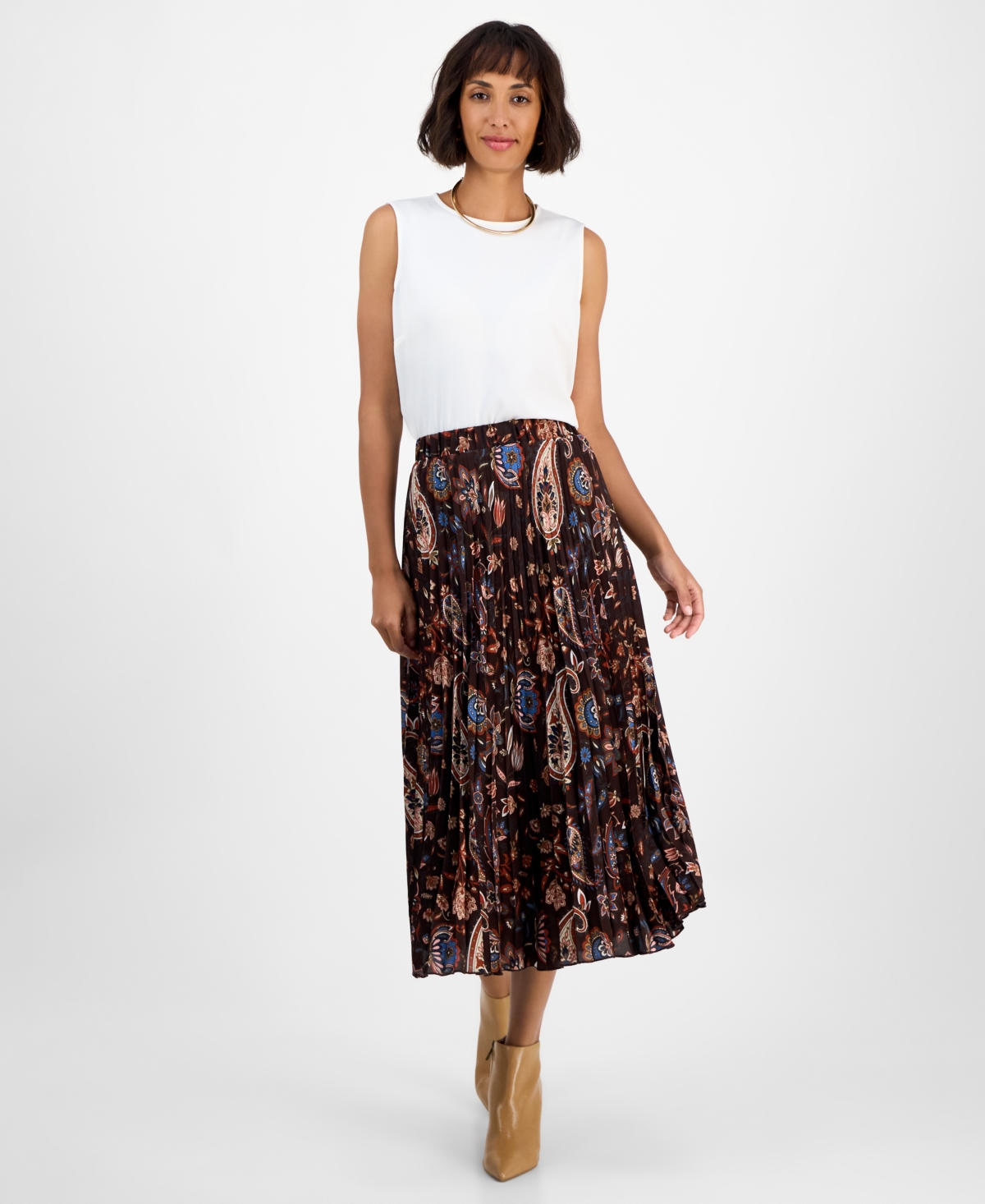 Click here for T Tahari Womens Printed Pull-On Pleated Midi Skirt... prices