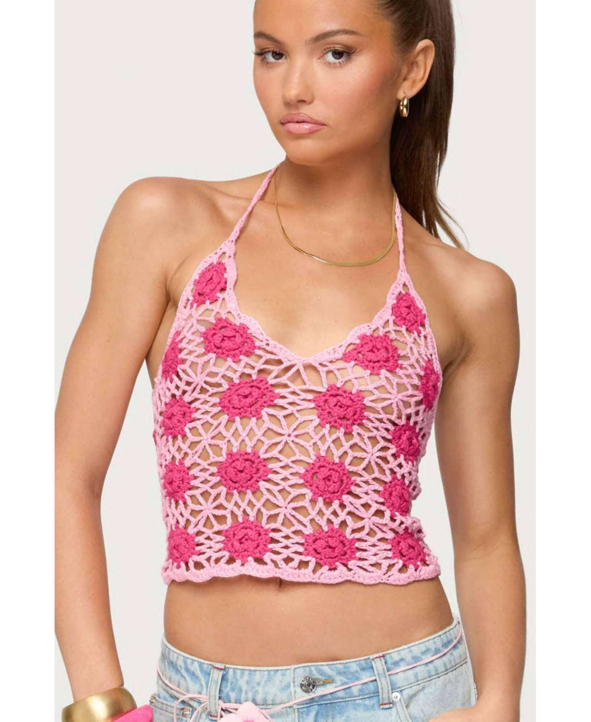 Click here for Edikted Womens Contrast Floral Crochet Halter Top... prices