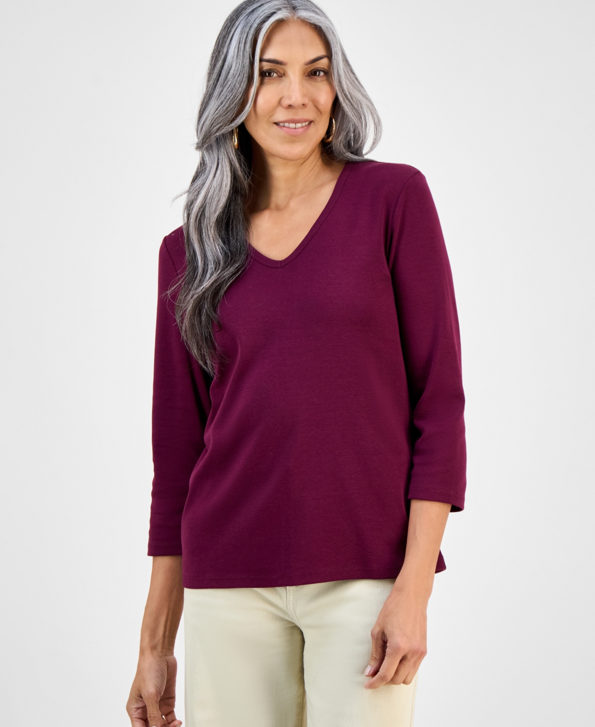 Click here for Style & Co Womens Cotton 3/4-Sleeve V-Neck Tee  Cr... prices