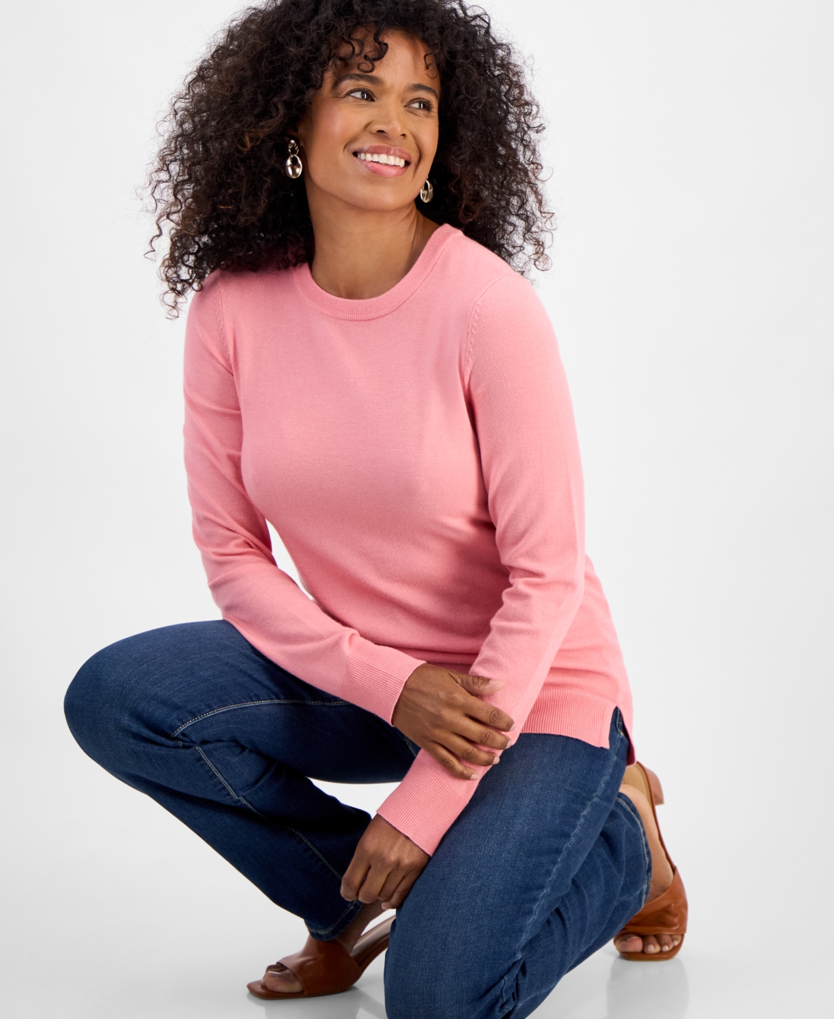 Style & Co Womens Long-Sleeve Crewneck Sweater  Created for Macys - Peached Pink