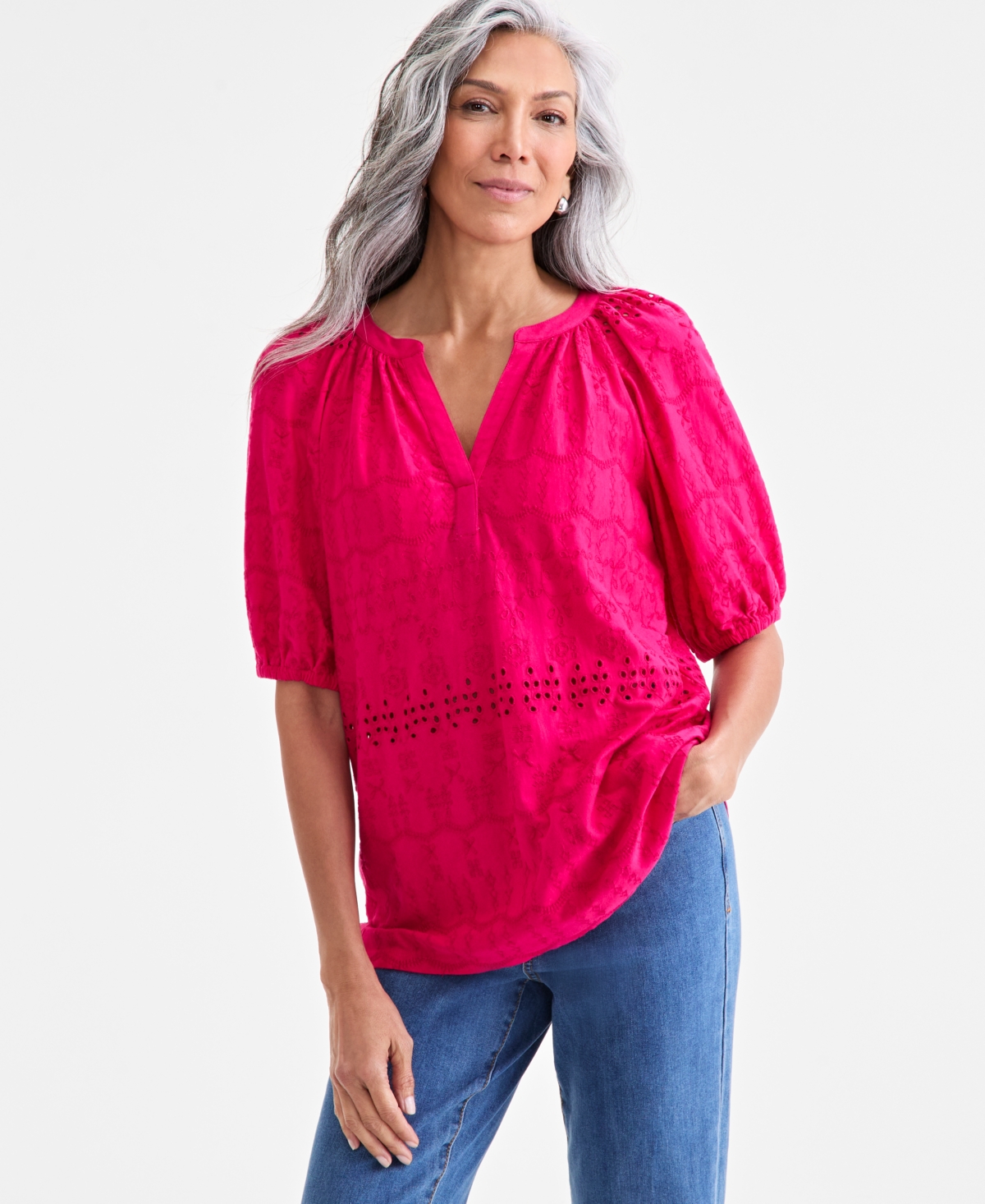 Click here for Style & Co Womens Eyelet Split-Neck Blouse  Exclus... prices
