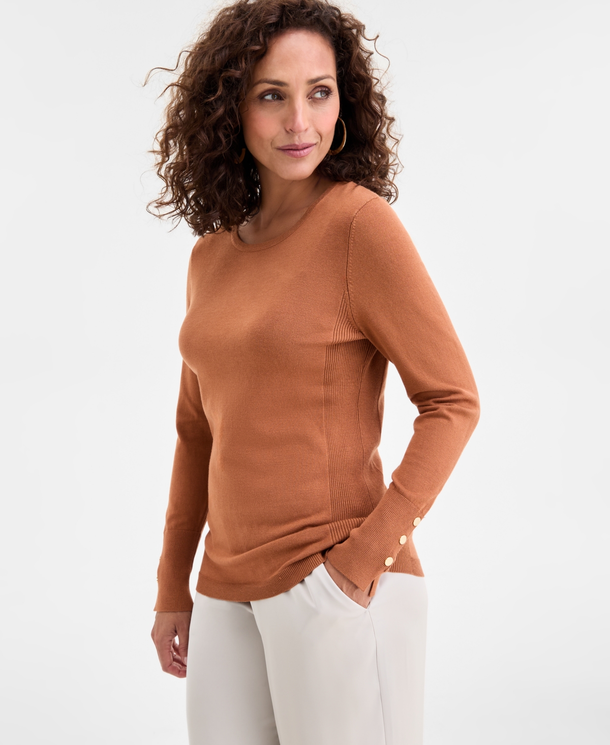 Click here for Jm Collection Womens Button-Sleeve Crewneck Sweate... prices