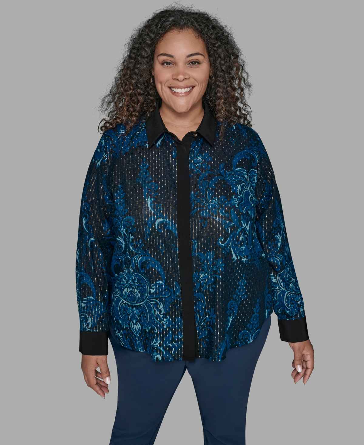 Karl Lagerfield Paris Plus Size Trim Printed Woven Top - Naval Academy Multi