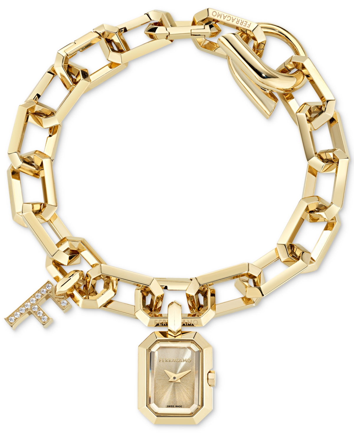 Ferragamo Womens Charm Gold Ion Plated Stainless Steel Link Bracelet Watch 17mm - Ip Yellow Gold