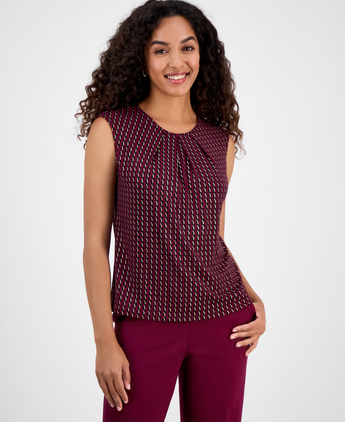 Click here for Kasper Foil Print Pleated-Neck Extended-Shoulder T... prices