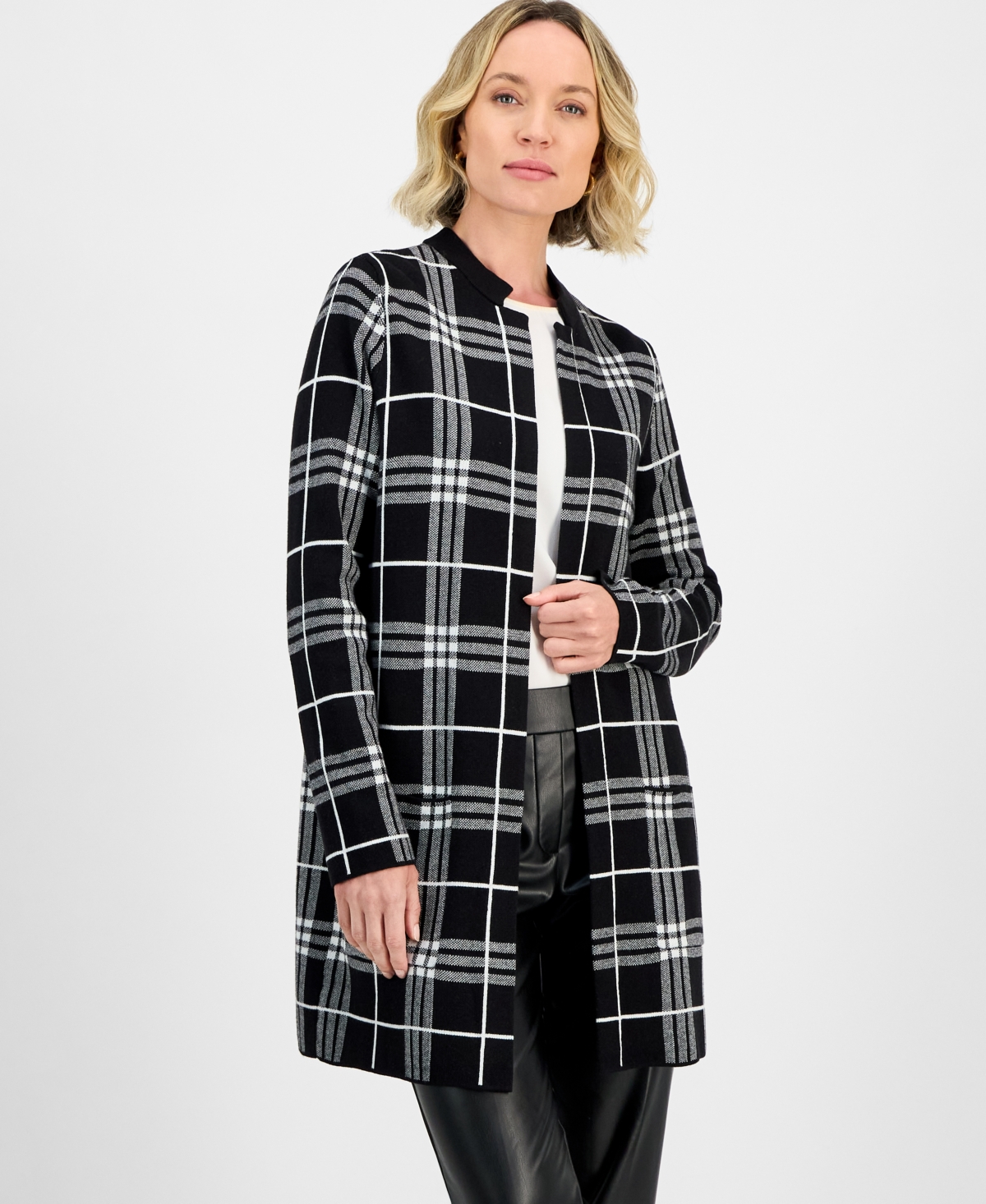 Click here for Kasper Womens Windowpane Open-Front Cardigan - Bla... prices