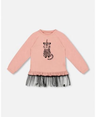 Deux par Deux Girl Long Bi-Material Top Dusty Pink with Mesh Ruffle Hem ...