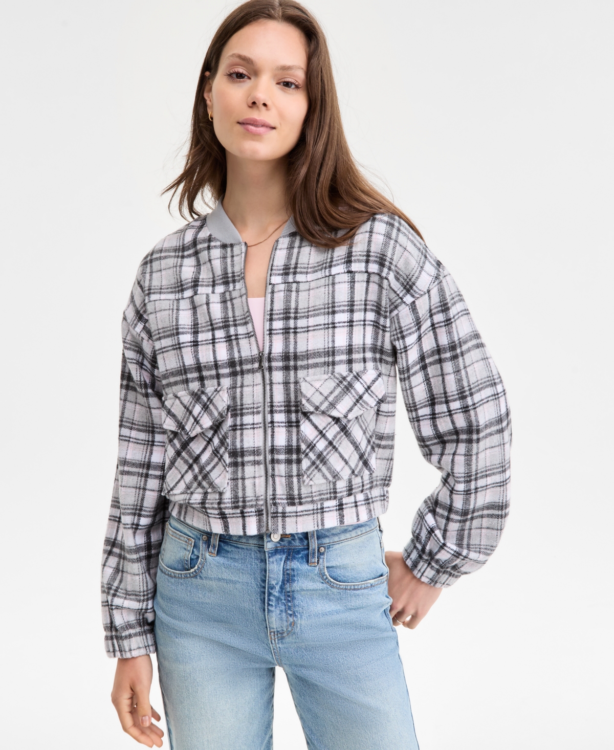Click here for Madden Girl Juniors Plaid-Print Bomber Jacket - He... prices