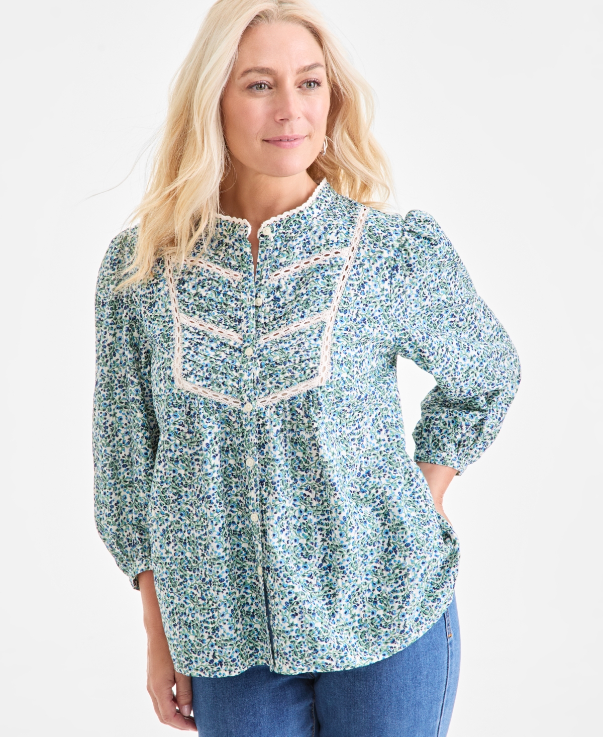 Click here for Style & Co Womens Printed Cotton Lace-Trim Blouse... prices