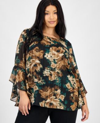 Kasper Plus Size Printed Ruffle-Sleeve Blouse - Macy's