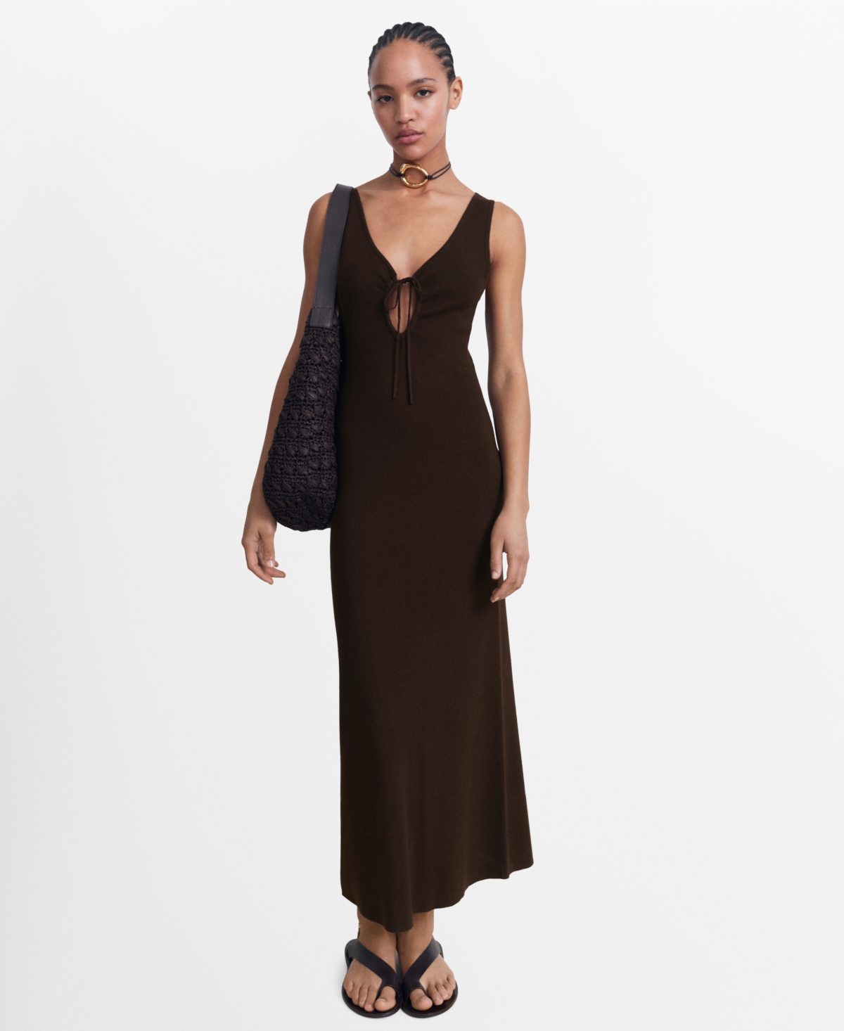 Click here for Mango Womens Bow Neckline Knitted Dress - Chocolat... prices