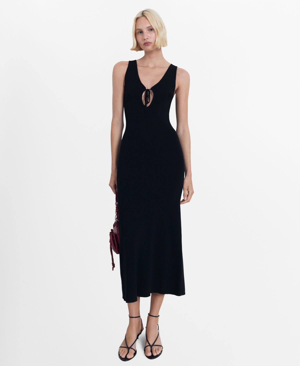 Click here for Mango Womens Bow Neckline Knitted Dress - Black prices