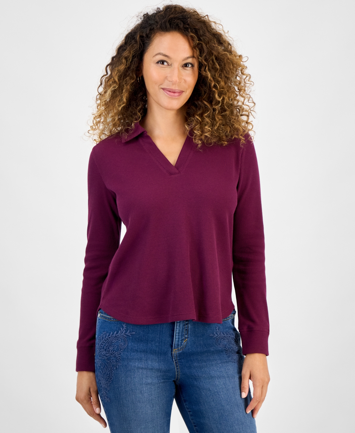 Click here for Style & Co Petite Collared Long-Sleeve Thermal Top... prices