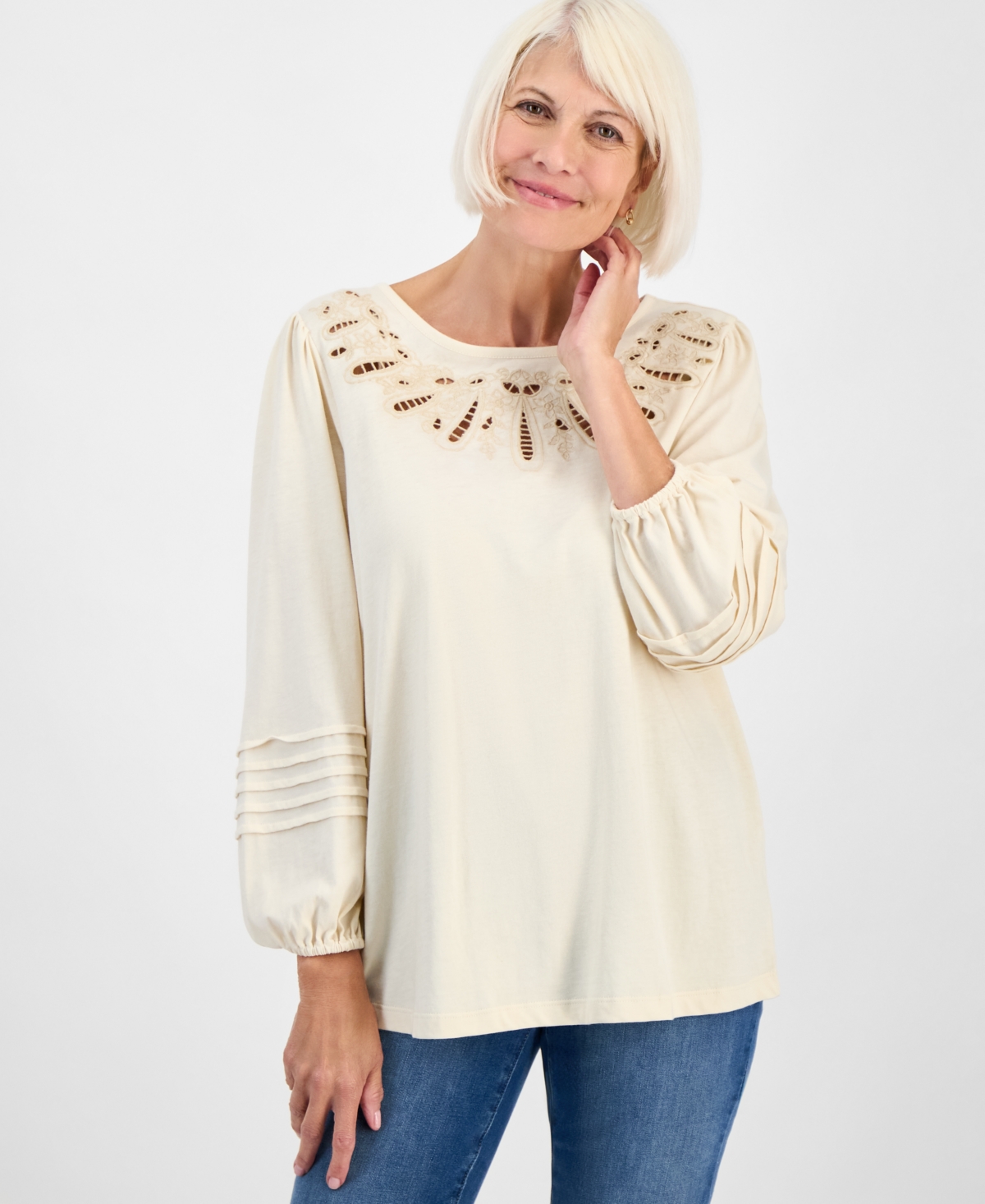 Click here for Style & Co Petite Broderie Anglaise Top  Macys Exc... prices