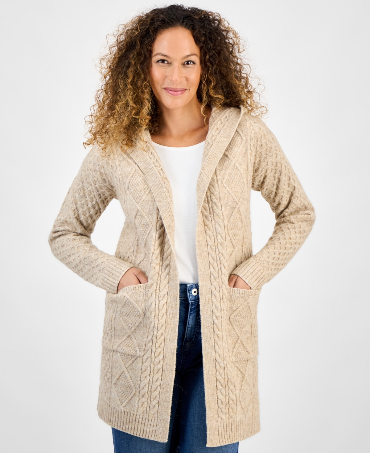 Click here for Style & Co Petite Chunky Cable-Knit Hooded Cardiga... prices