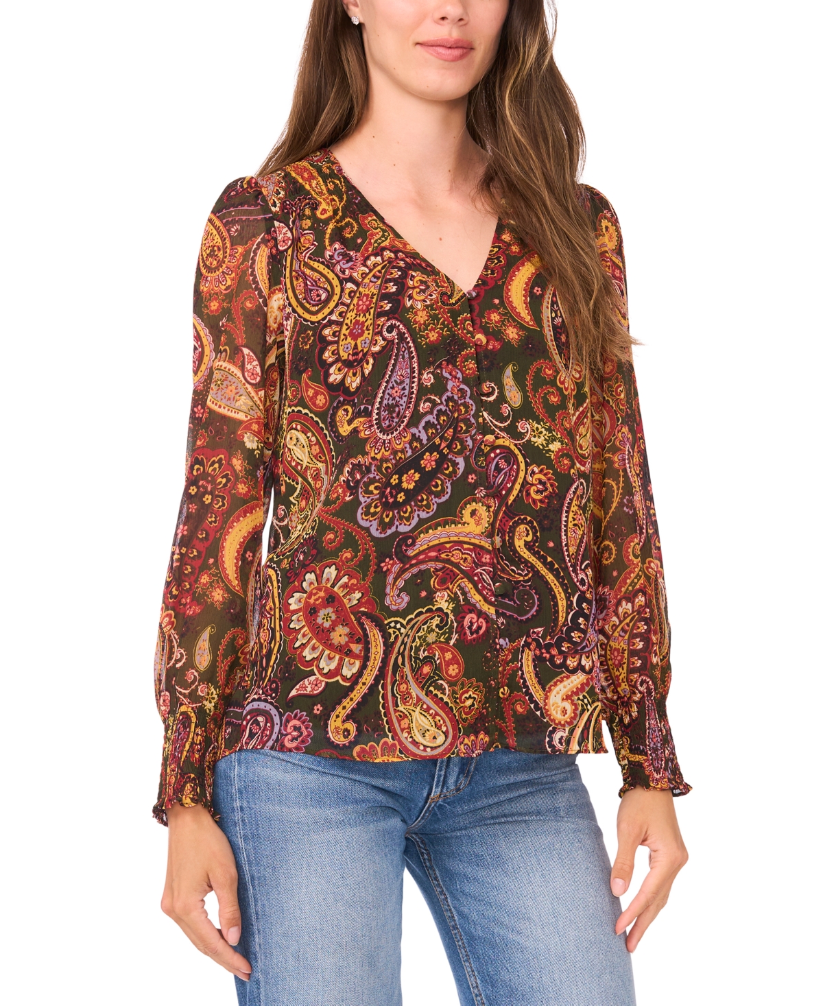 Click here for Sam & Jess Womens V-Neck Button-Front Smocked-Shou... prices