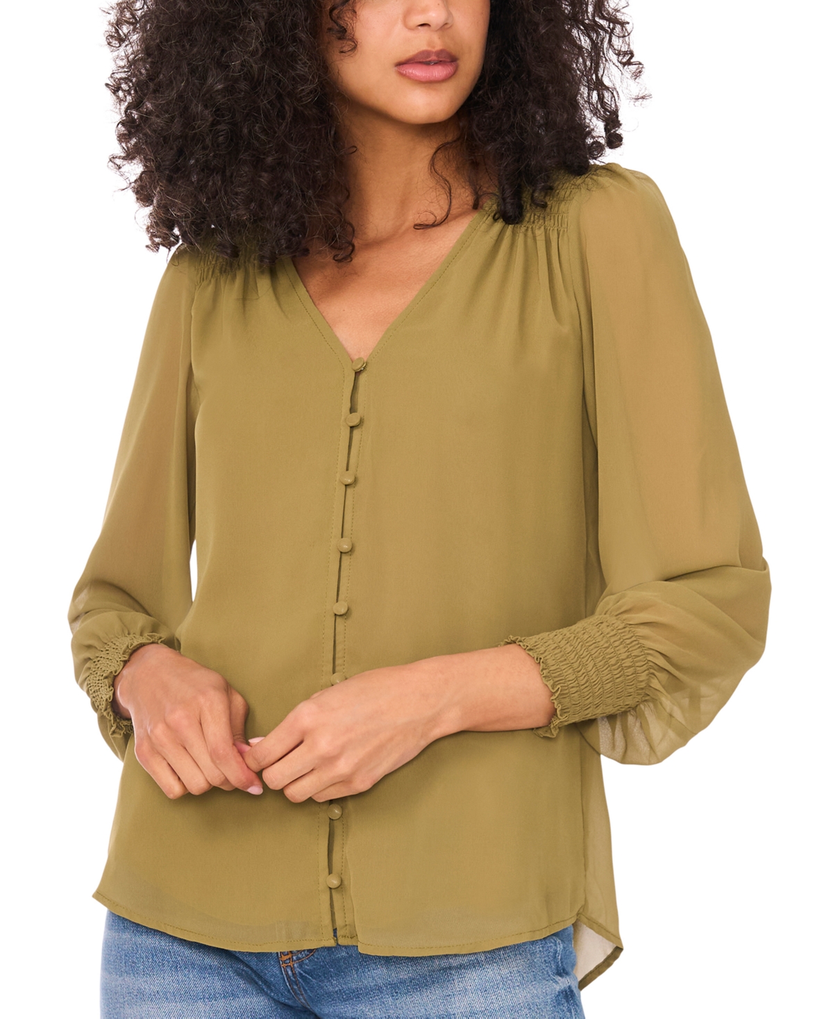 Click here for Sam & Jess Womens V-Neck Button-Front Smocked-Shou... prices