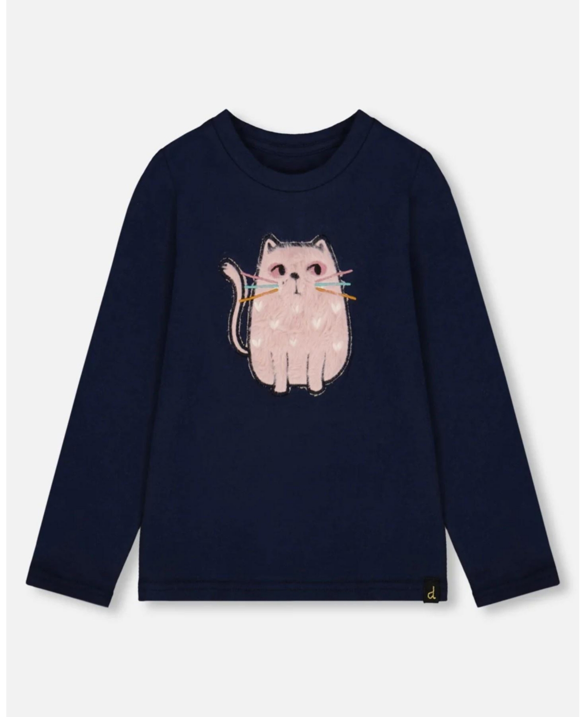 Deux par Deux Girl Cotton T-Shirt Dark Blue with Cat - Child - Dark blue