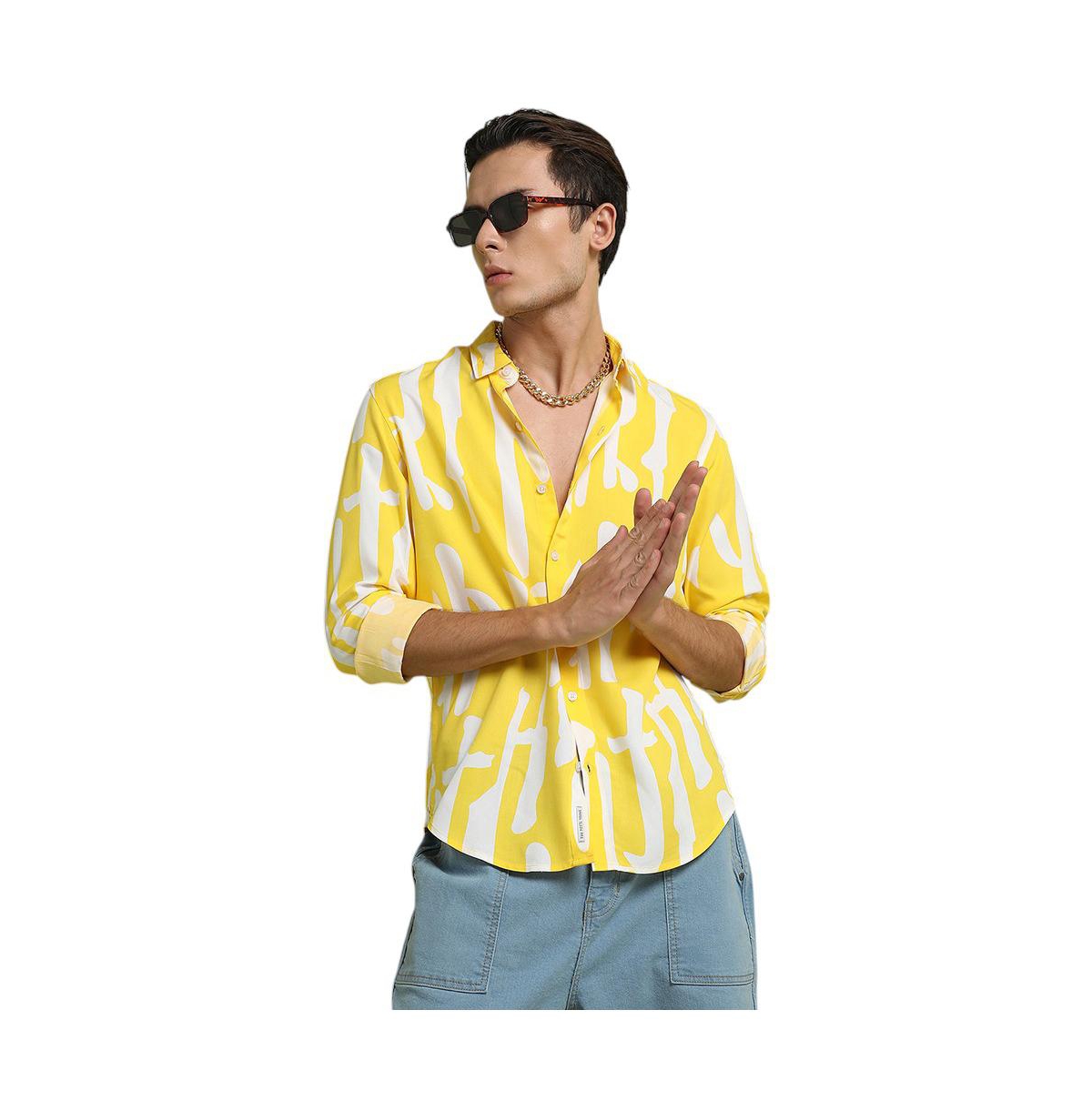 Click here for Campus Sutra Mens Lemon Yellow Abstract Print Shir... prices