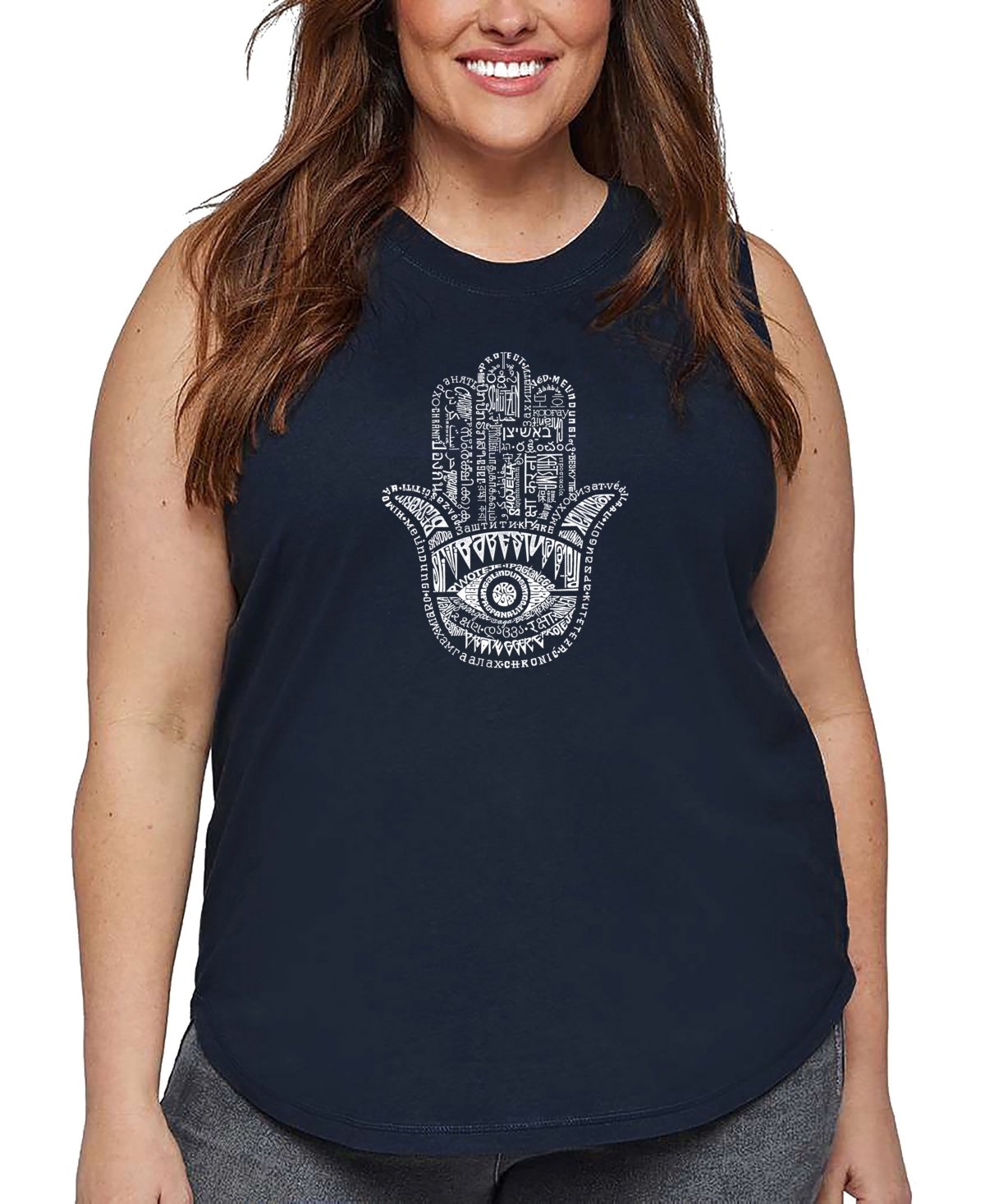 Click here for La Pop Art Plus Size Hamsa Word Art Tank Top - Nav... prices