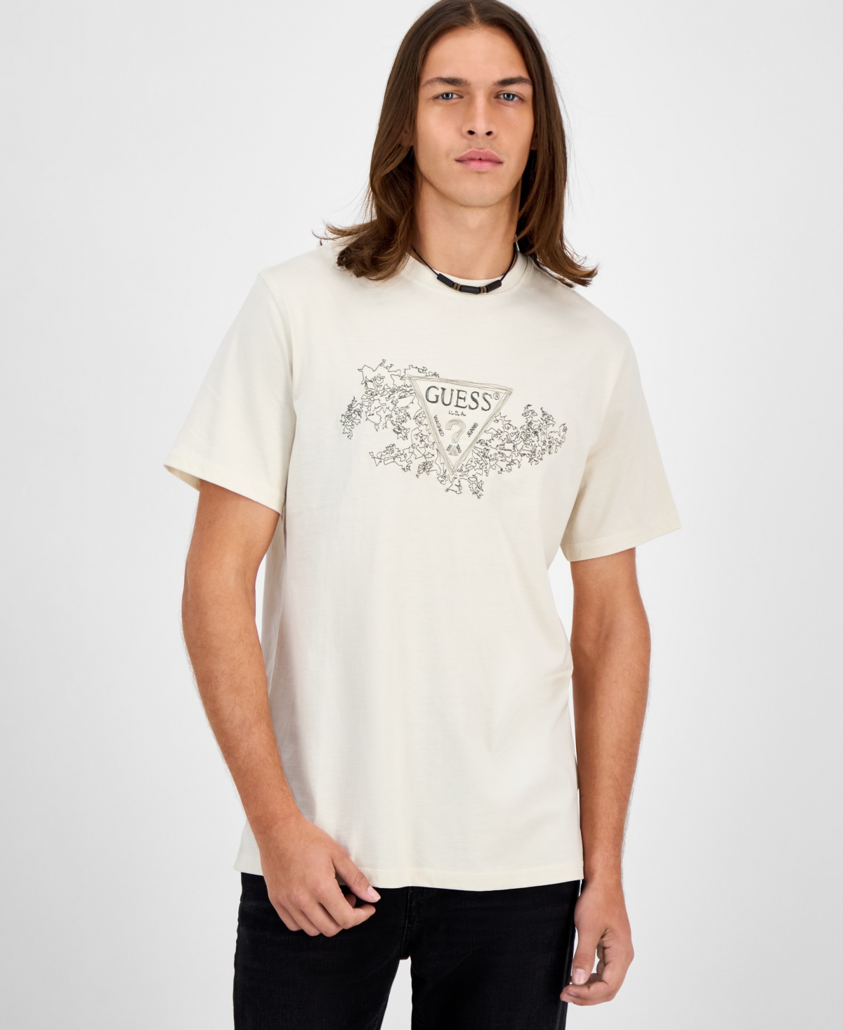 Click here for Guess Mens Short Sleeve Crewneck Embroidered Trian... prices