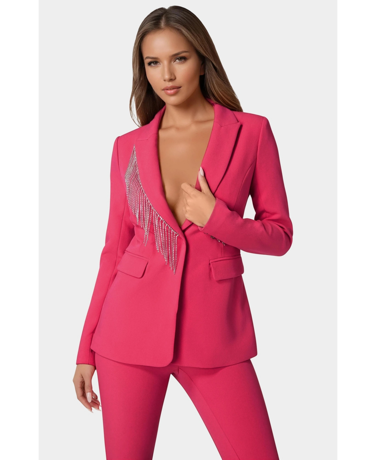 Click here for Bebe Womens Rhinestone Fringe Tailored Blazer - Ra... prices