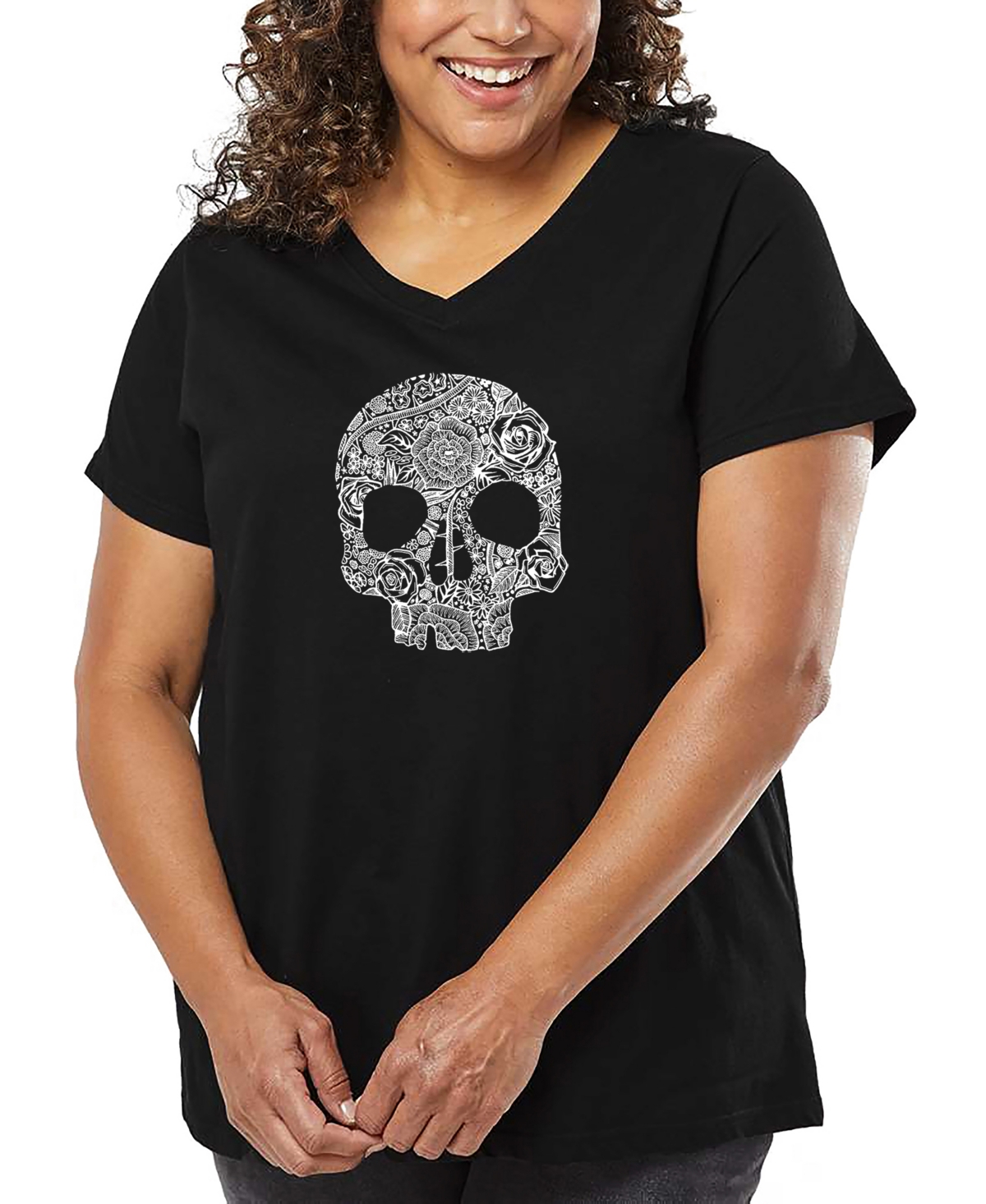 Click here for La Pop Art Plus Size Flower Skull Word Art V-Neck... prices