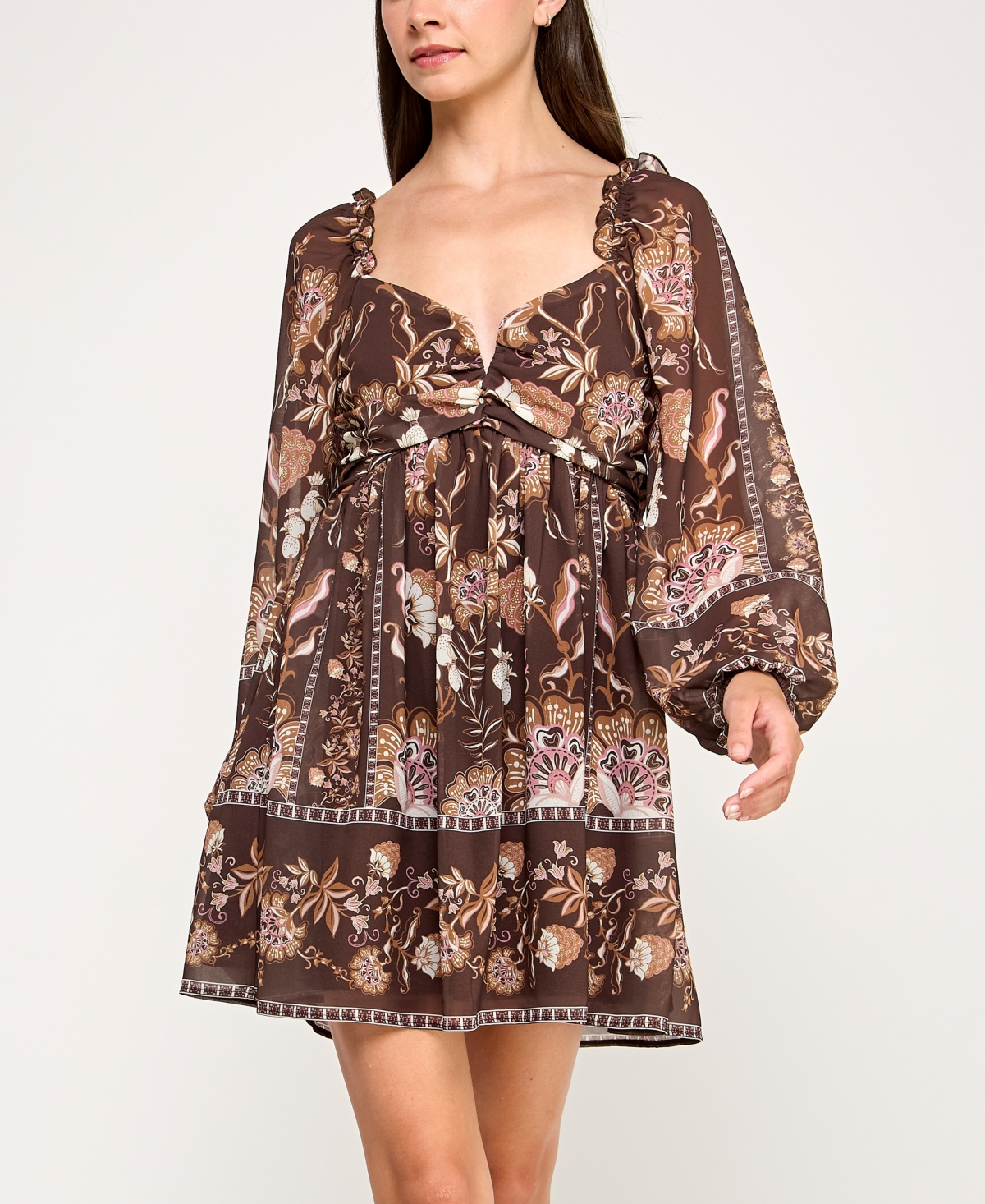Click here for Row A Juniors Long Sleeve Floral Dress - Brown prices