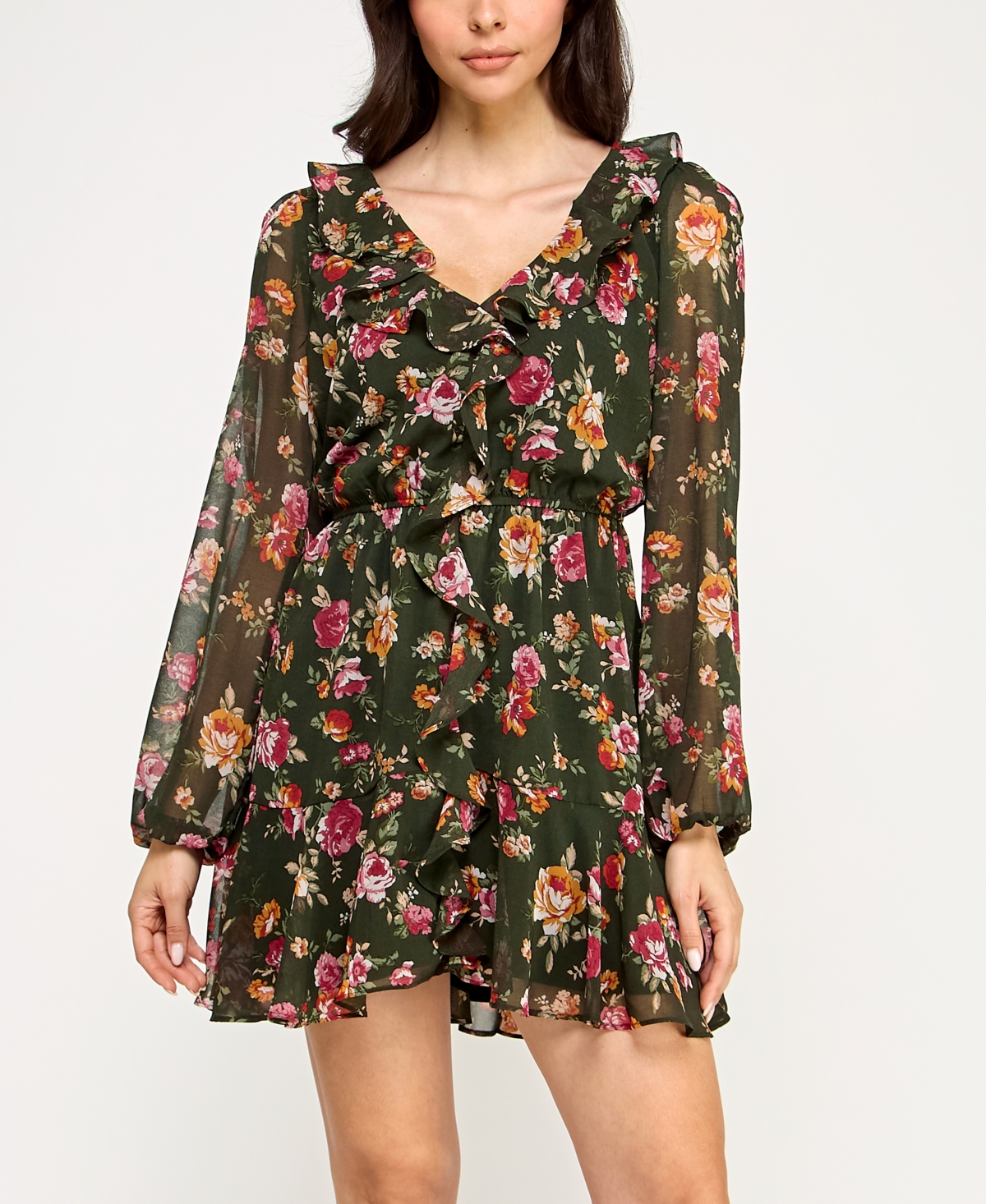 Click here for Trixxi Juniors Floral Long Sleeve Dress - Green Mu... prices