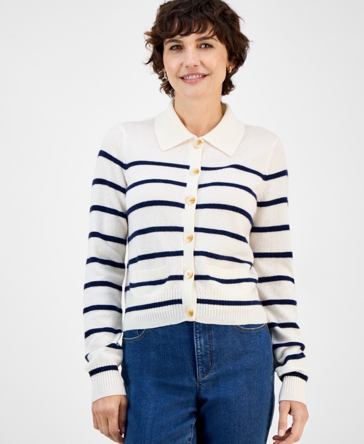Click here for Charter Club Womens Cashmere Stripe Button-Front C... prices