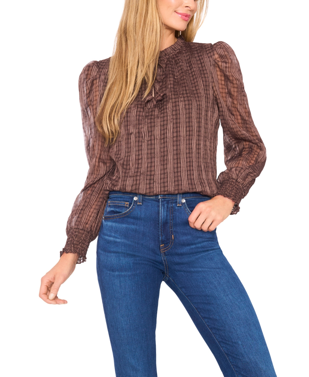 Click here for CeCe Womens Smocked Cuff Ruffle Top - Mocha prices