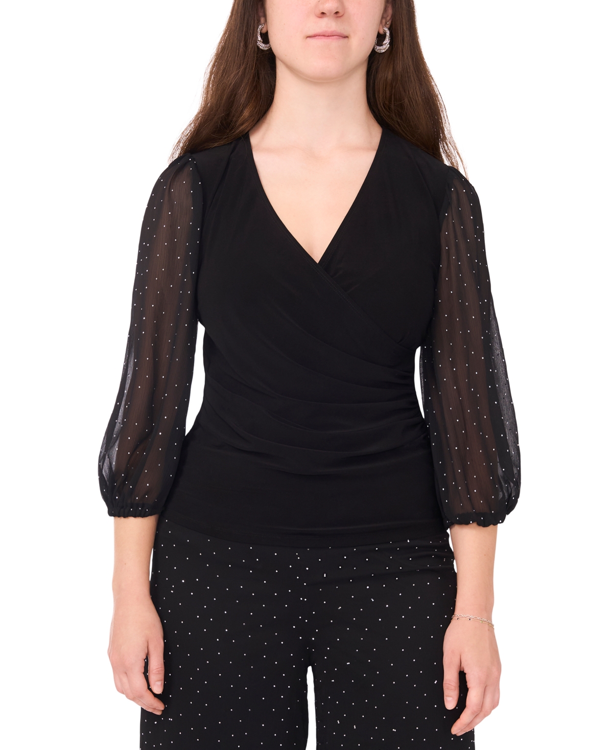 Click here for Msk Petite V-Neck Puff Sleeve Wrap Top - Black prices