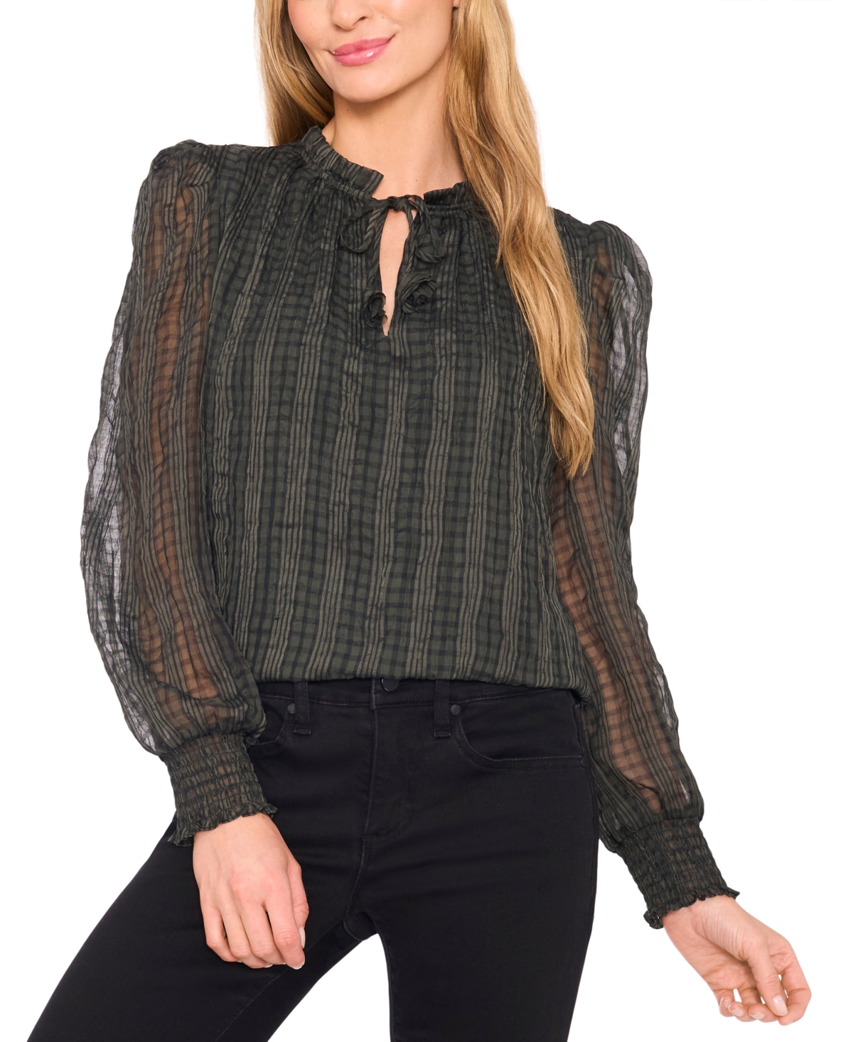 Click here for CeCe Womens Smocked Cuff Ruffle Top - Dark Olive prices