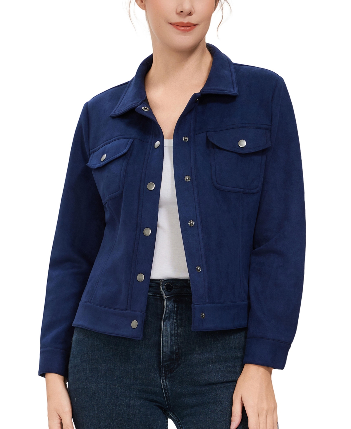 Click here for kimi + kai Womens Faux Suede Trucker Jacket - Navy prices